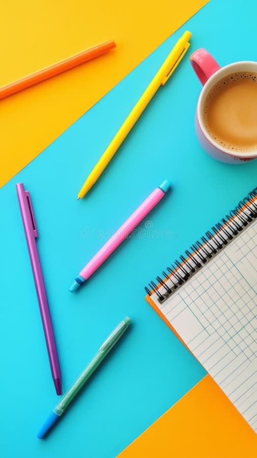 A Vibrant Workspace with Colorful Pens Scattered and a Coffee Mug ...