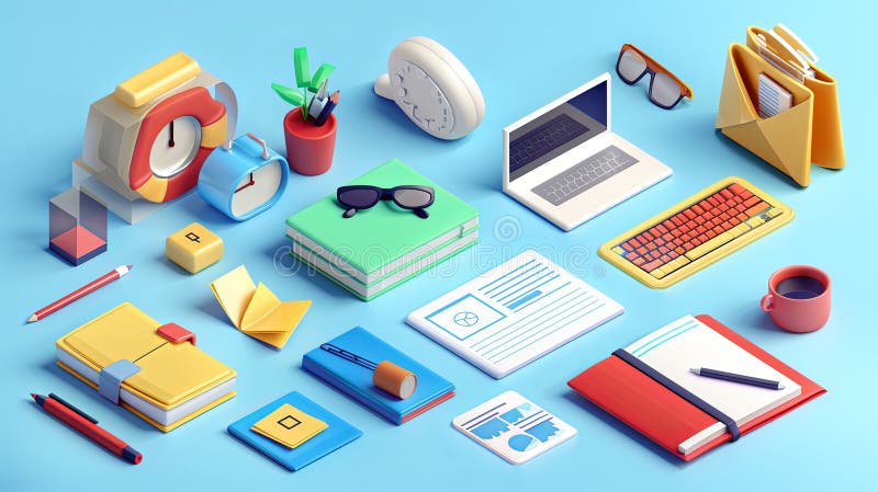 A Vibrant Workspace Displays a Laptop, Stationery Items, and Decorative ...