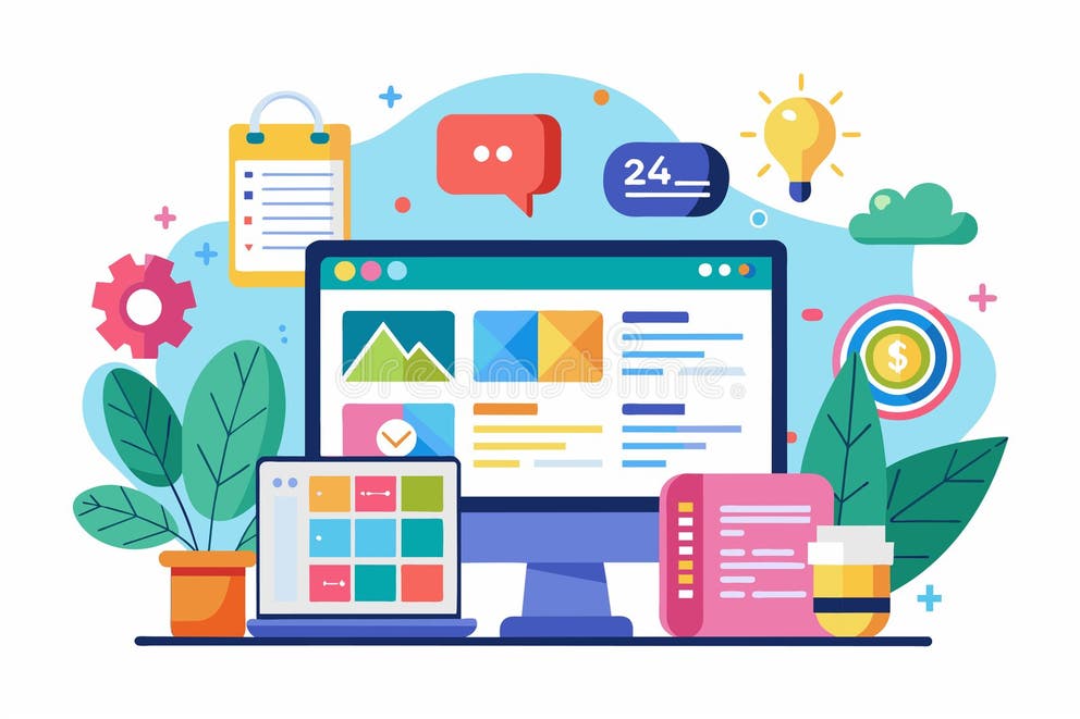 A Vibrant Workspace Features a Computer and Laptop Displaying Programming and Data Analysis ...