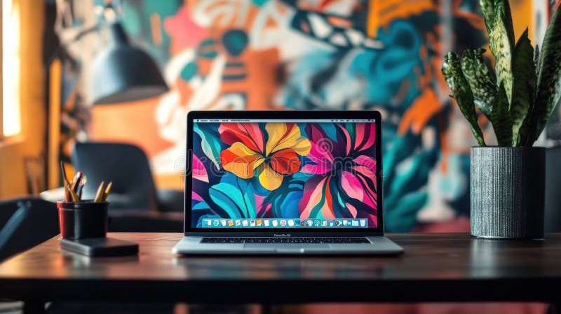 A Vibrant Workspace Features a Laptop Displaying Colorful Artwork ...