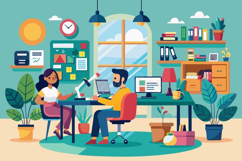 A Vibrant Workspace Features Two People Discussing Ideas while ...