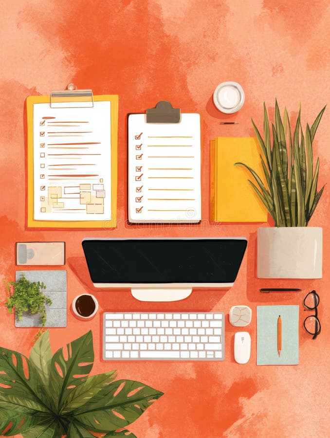 Stylized Desk Workspace with Vision Board, Checklists, Plant, and Tools ...