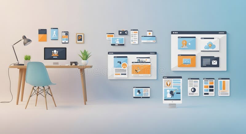 Workplace with Desk and Computer, Surrounded by Digital Interface Elements Stock Illustration ...