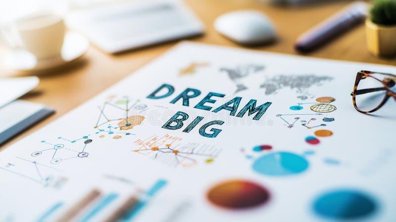 Vibrant Workspace Featuring Text DREAM BIG Surrounded by Colorful ...