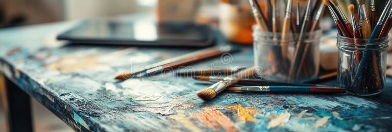 Creative Workspace Filled with Brushes, Pencils, and Digital Tools ...