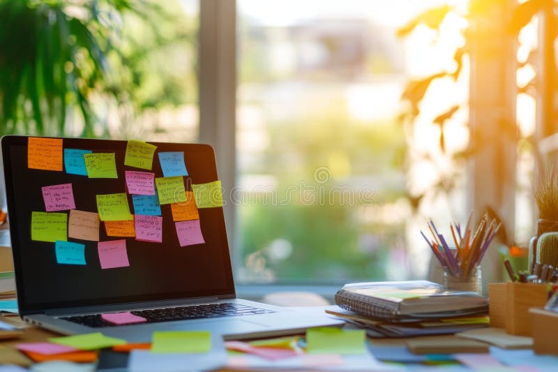 A Vibrant Workspace Filled with Colorful Sticky Notes on a Laptop. it ...