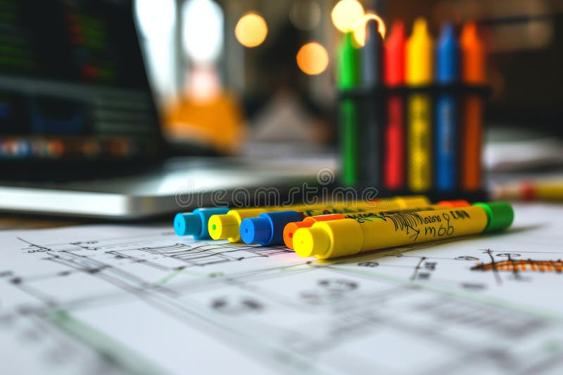 Vibrant Workspace with Laptop, Colorful Markers, and Design Sketches ...