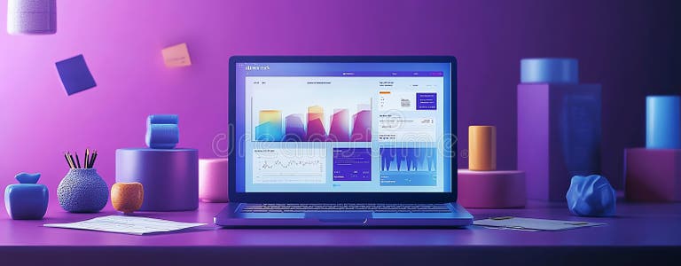 A Vibrant Workspace with a Laptop Displaying Colorful Data ...