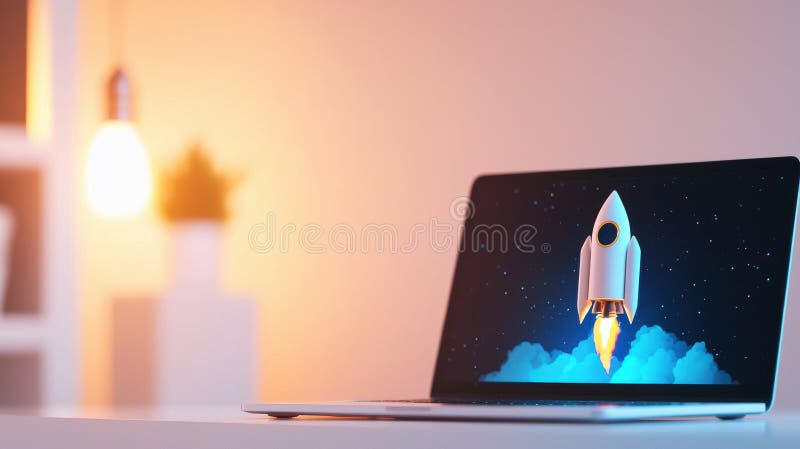 Vibrant Workspace with Laptop Displaying Rocket Illustration Stock ...