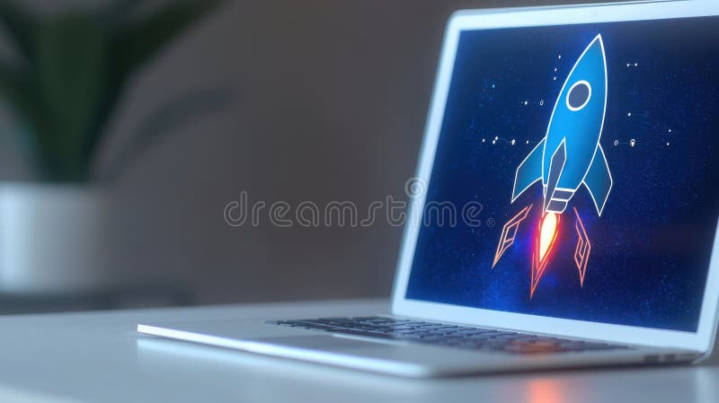 Vibrant Workspace with Laptop Featuring Rocket Design on Screen Stock ...