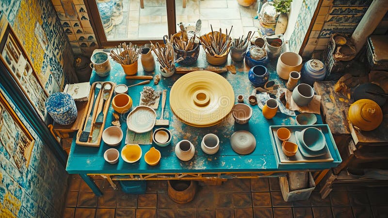 A Vibrant Workspace for Pottery, Featuring Clay, Tools, and a Neatly ...