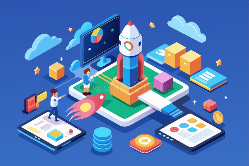 A Vibrant Workspace Setting Features a Rocket Launch with Customizable ...