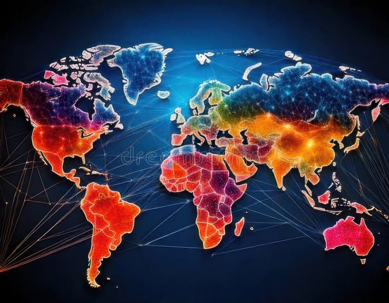 Vibrant World Map of Global Network Connections Stock Illustration ...