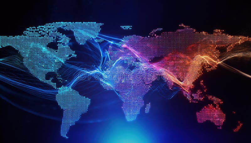 Vibrant World Map with Glowing Data Lines and Predictive Models Stock ...