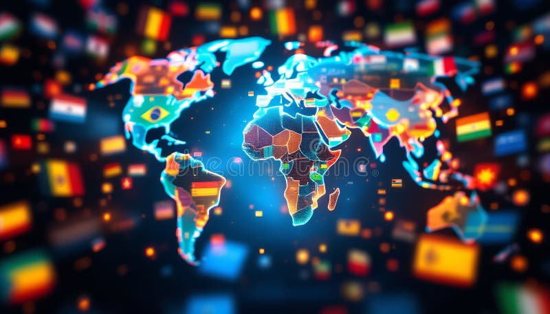 Global Network: a World Map Illuminated by National Flags Stock ...