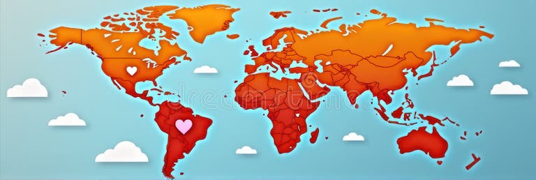 Vibrant World Map with Hearts and Clouds on Gradient Background Stock ...