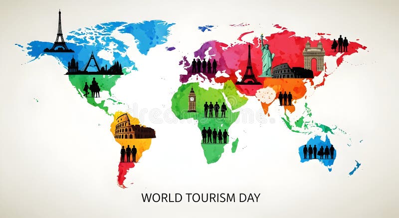 World Tourism Day Map with Iconic Landmarks Stock Illustration ...