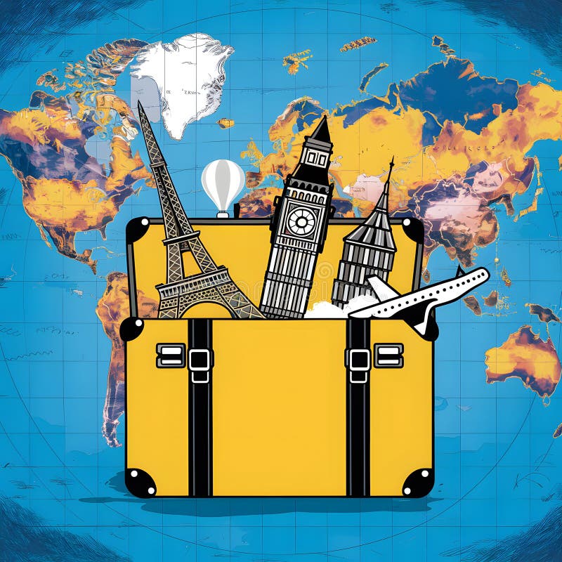 Vibrant World Map with Iconic Landmarks and Objects Spilling Out of a ...