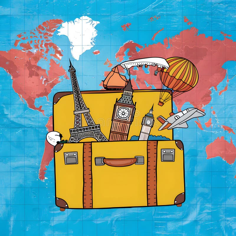 Vibrant World Map with Iconic Landmarks and Objects Spilling Out of a ...