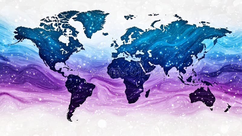 Vibrant World Map Illustration with Swirling Galactic Background in ...