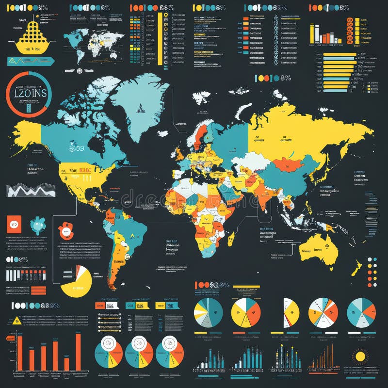 Colorful World Map Infographic with Data Visualizations and Icons Stock Illustration ...