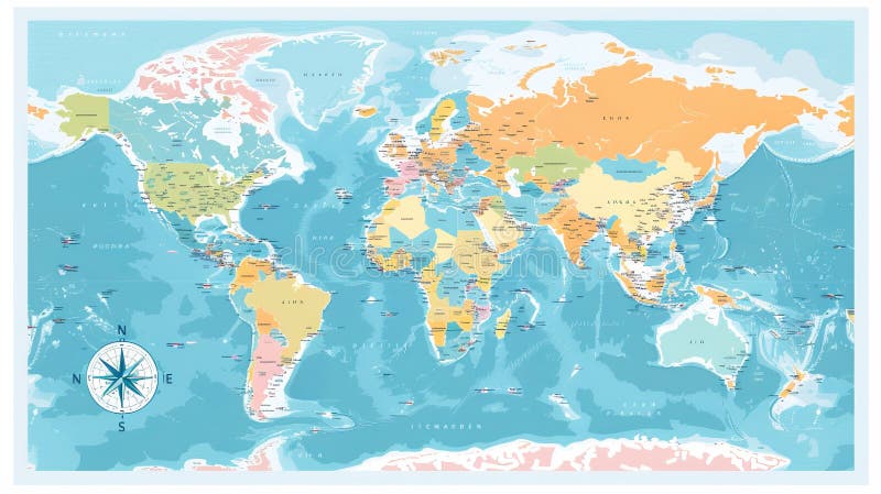Colorful World Map with Detailed Country Borders and Oceanic Features ...