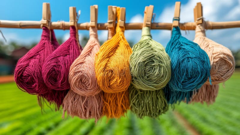 Vibrant Yarn Dyes Drying Under the Summer Sun in a Rural Field Stock ...