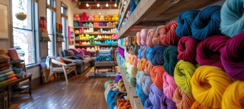 Vibrant Yarn Shop Interior with Cozy Seating and Rainbow-Colored Yarn ...