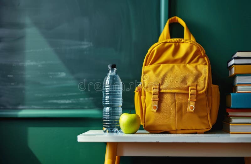 Yellow Backpack with Books, Water Bottle, and Apple on Classroom Desk ...
