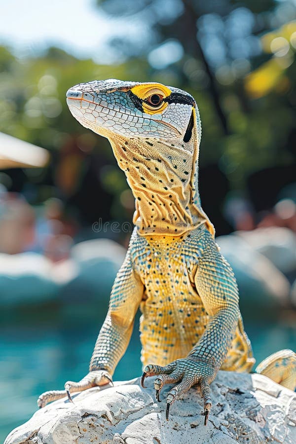 Striking Yellow and Blue Lizard on Rock, Basking in Sunshine Stock ...