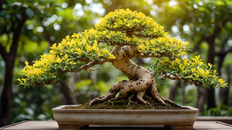 Vibrant Yellow Bonsai Tree in Serene Garden Setting Stock Illustration ...
