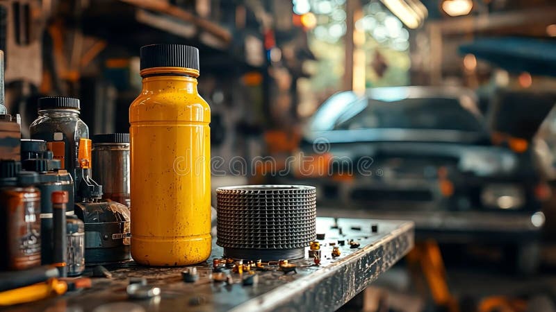 Vibrant Yellow Bottle on Cluttered Workbench Filled with Mechanical ...
