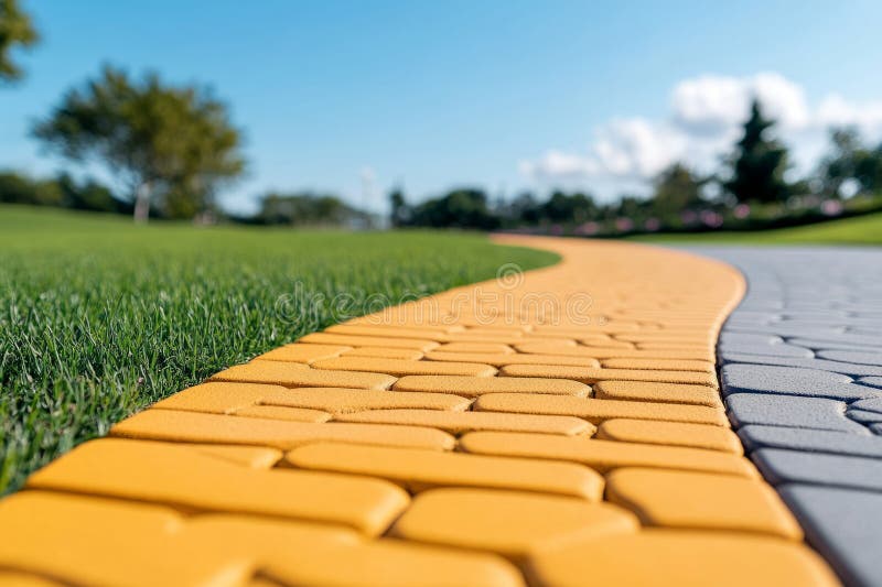 Vibrant Yellow Brick Pathway Winds through a Garden with Greenery ...