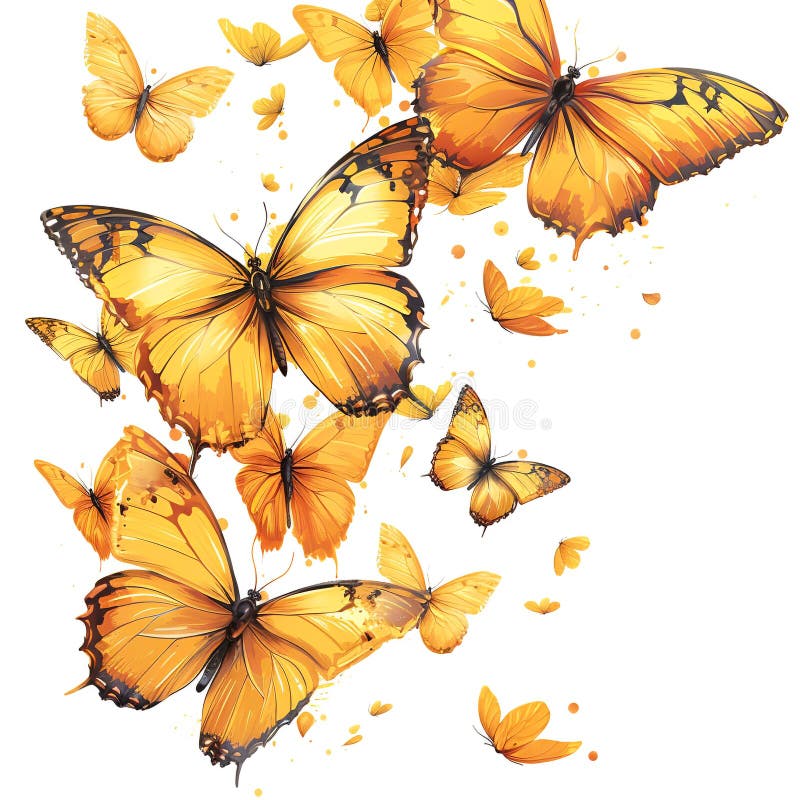 Vibrant Yellow Butterflies in Flight Against a White Background Stock ...