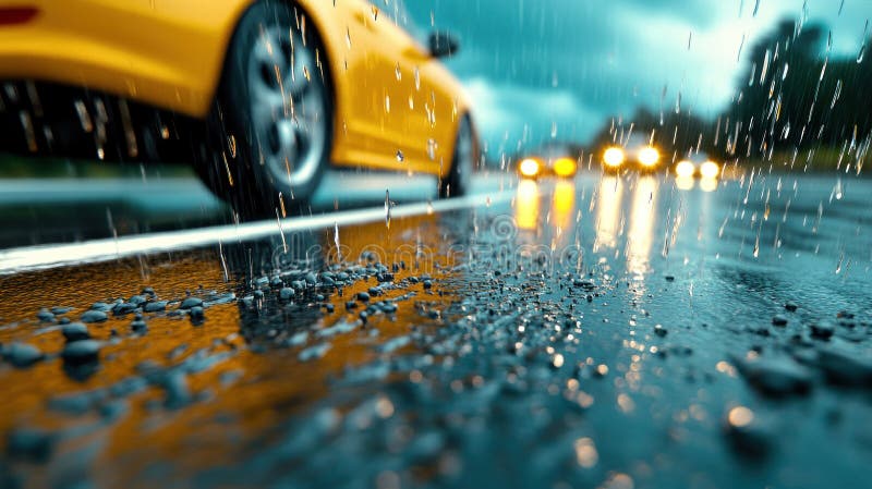 Vibrant Yellow Car Drives through Rain on Wet Highway, Creating Dynamic ...