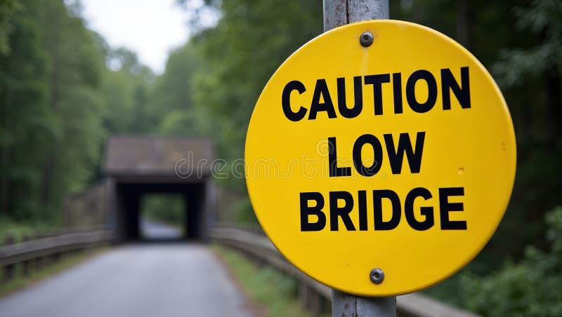 Vibrant Yellow Caution Low Bridge Sign by Narrow Road with Small Bridge ...