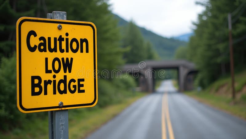 Vibrant Yellow Caution Low Bridge Sign by Narrow Road with Small Bridge ...