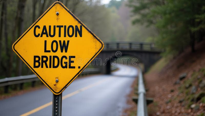 Vibrant Yellow Caution Low Bridge Sign by Narrow Road with Small Bridge ...