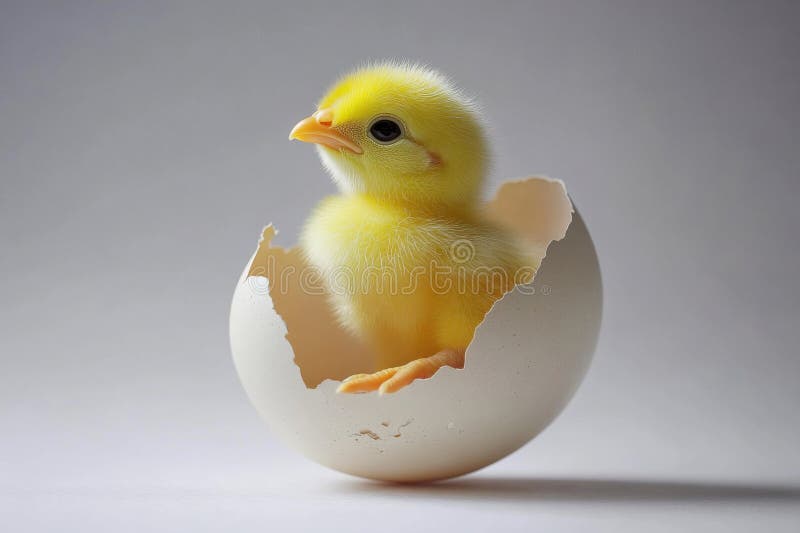 A Vibrant Yellow Chick Hatching from a Cracked Eggshell in a Bright and ...