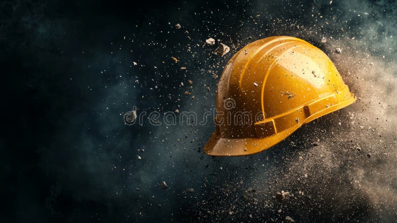 A Vibrant Yellow Construction Helmet Amidst an Explosion of Dust and ...