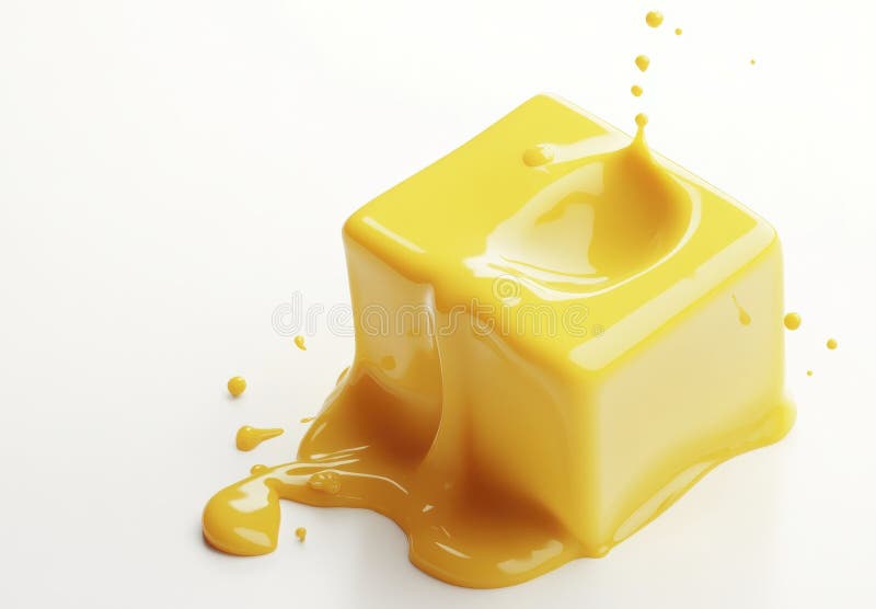 Vibrant Yellow Cube with Dripping Liquid on White Background Stock ...