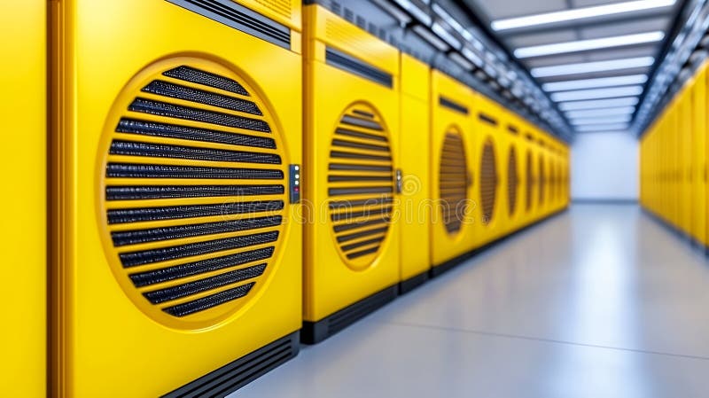 Vibrant Yellow Data Storage Units in a Modern Server Room with Ambient ...