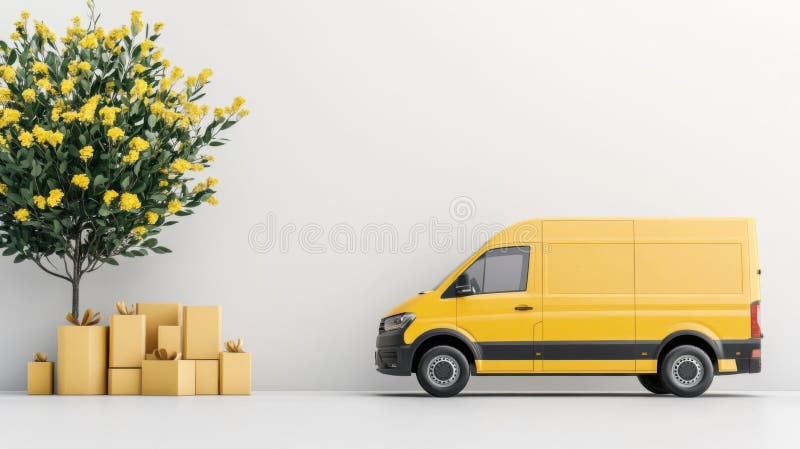 A Vibrant Yellow Delivery Van Parked beside a Tree and Cardboard Boxes ...