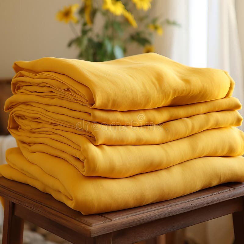 Vibrant Yellow Fabric Rectangular Shapes on Dark Wooden Table Stock ...