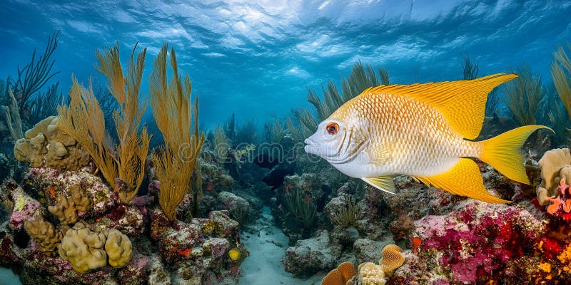Vibrant Yellow Fish in Tropical Coral Reef Underwater Scene Stock ...