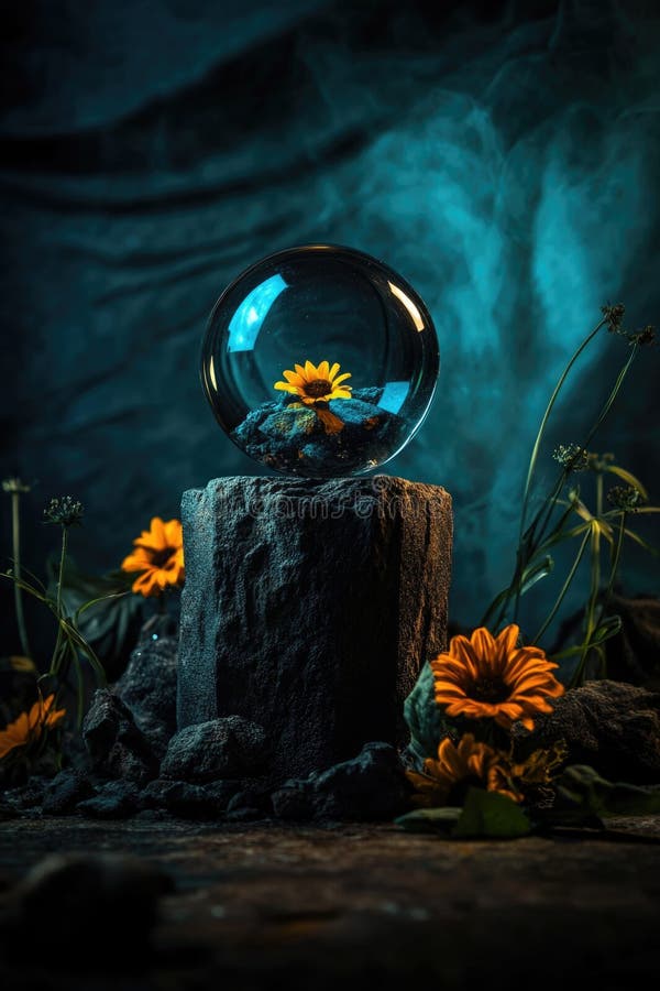 Vibrant Yellow Flower in Glass Sphere on Stone with Blue Background ...