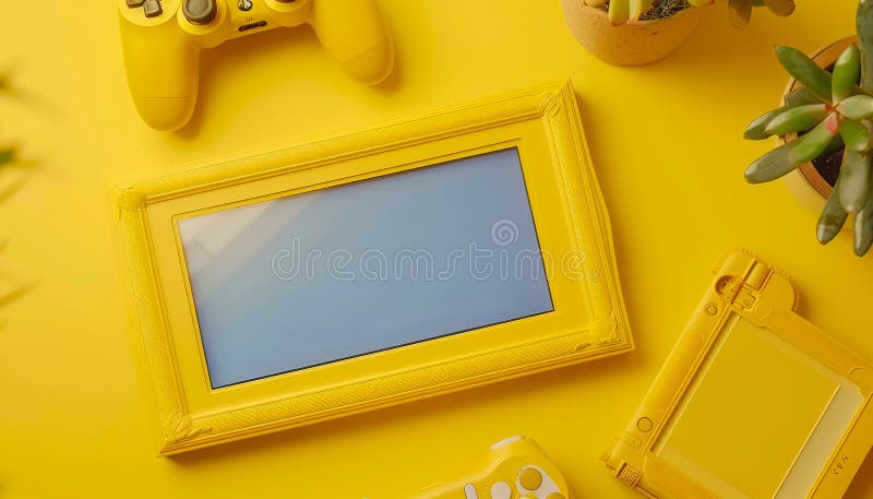 Vibrant Yellow Gaming Setup with Handheld Console, Wireless Controller ...