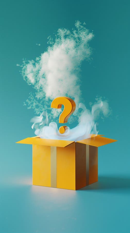 Vibrant Yellow Gift Box with a Luminous Question Mark on a Blue Misty ...