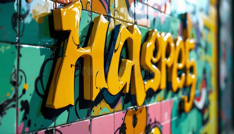 Vibrant Yellow Graffiti Art on Colorful Tile Wall Stock Illustration ...