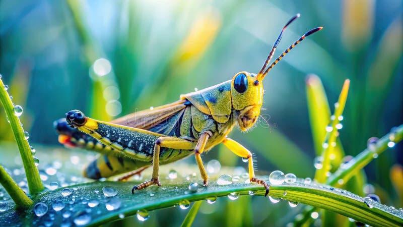 Vibrant Yellow Grasshopper on Dew-kissed Blade of Grass. Generative AI ...